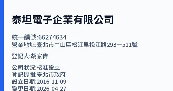 泰坦電子企業有限公司的照片-統編 66274634(臺北市) 公司登記資料與營業項目詳細圖表