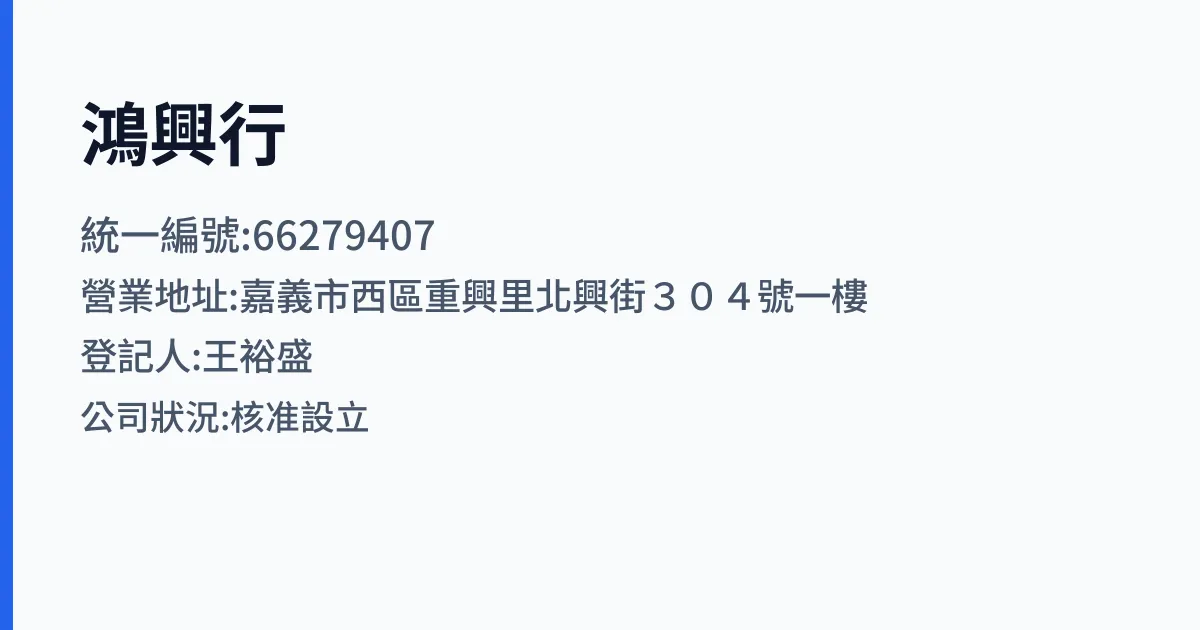 鴻興行 - 統編 66279407(嘉義市) 公司登記資料與營業項目詳細圖表