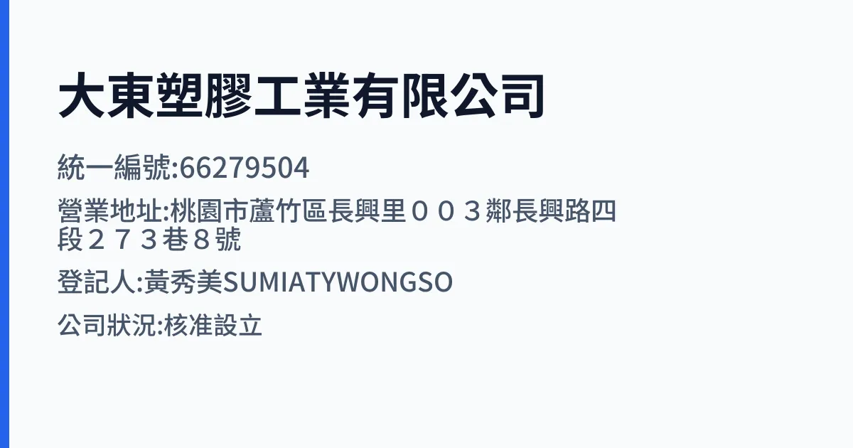 大東塑膠工業有限公司 - 統編 66279504(桃園市) 公司登記資料與營業項目詳細圖表