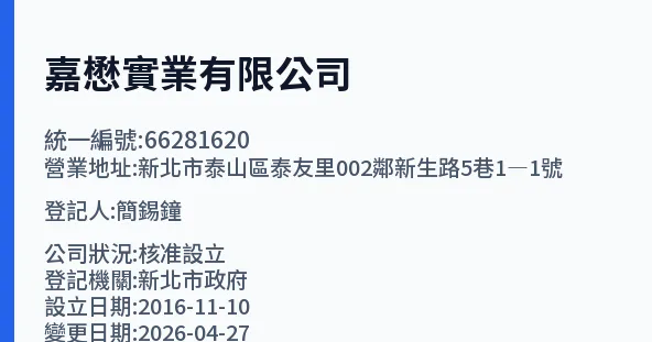 嘉懋實業有限公司的照片-統編 66281620(新北市) 公司登記資料與營業項目詳細圖表