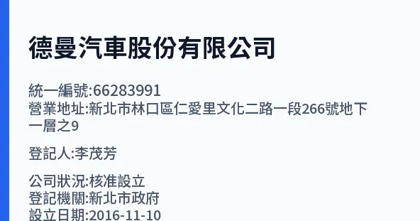 德曼汽車股份有限公司的照片-統編 66283991(新北市) 公司登記資料與營業項目詳細圖表
