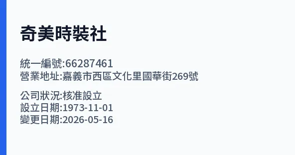 奇美時裝社的照片-統編 66287461(嘉義市) 公司登記資料與營業項目詳細圖表