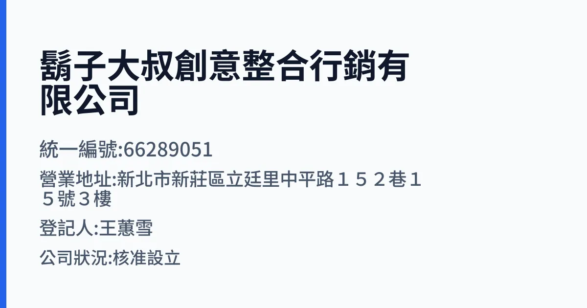 鬍子大叔創意整合行銷有限公司 - 統編 66289051(新北市) 公司登記資料與營業項目詳細圖表