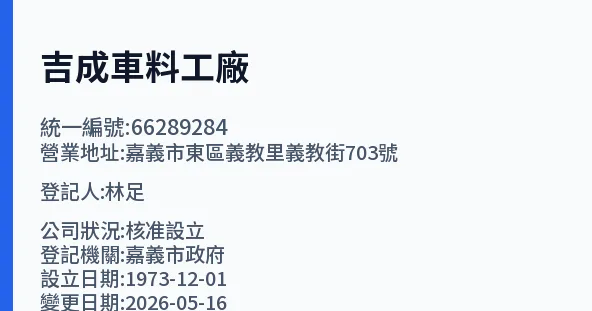 吉成車料工廠的照片-統編 66289284(嘉義市) 公司登記資料與營業項目詳細圖表