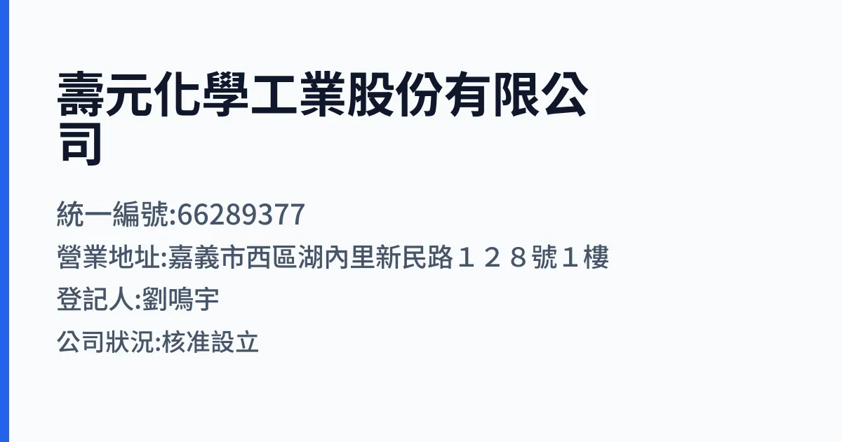 壽元化學工業股份有限公司 - 統編 66289377(嘉義市) 公司登記資料與營業項目詳細圖表