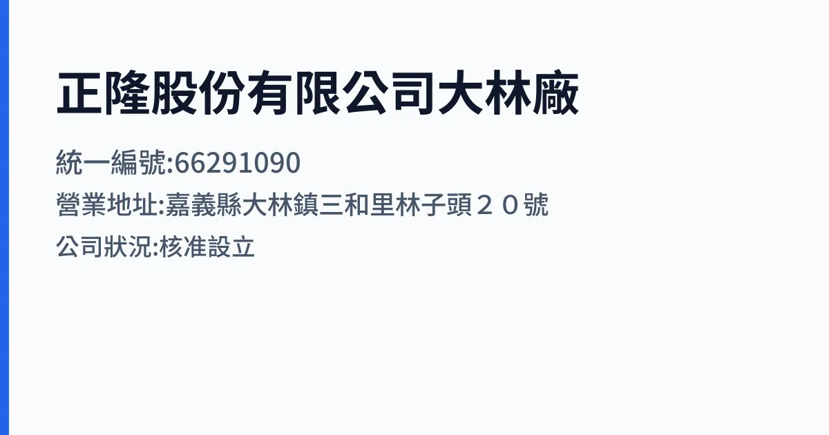 正隆股份有限公司大林廠 - 統編 66291090(嘉義縣) 公司登記資料與營業項目詳細圖表
