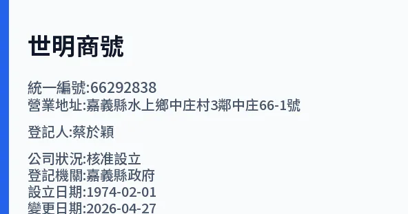 世明商號的照片-統編 66292838(嘉義縣) 公司登記資料與營業項目詳細圖表