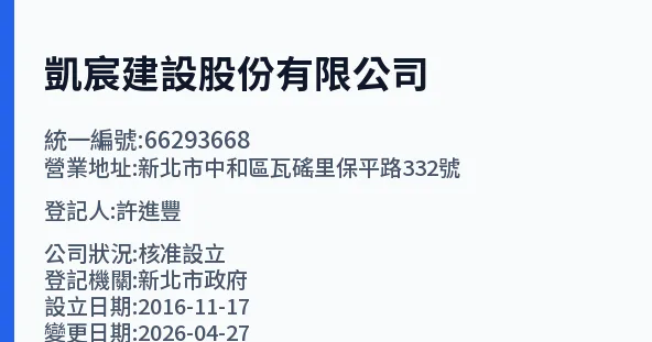 凱宸建設股份有限公司的照片-統編 66293668(新北市) 公司登記資料與營業項目詳細圖表