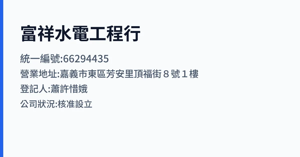 富祥水電工程行 - 統編 66294435(嘉義市) 公司登記資料與營業項目詳細圖表