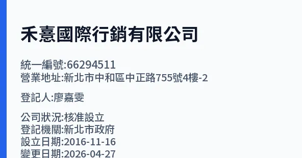 禾憙國際行銷有限公司的照片-統編 66294511(新北市) 公司登記資料與營業項目詳細圖表