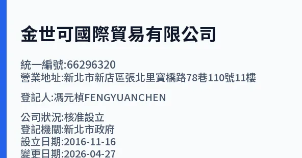 金世可國際貿易有限公司的照片-統編 66296320(新北市) 公司登記資料與營業項目詳細圖表