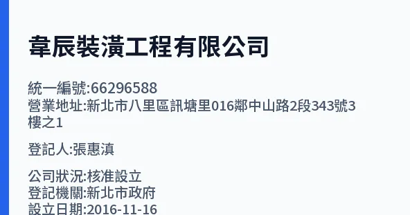 韋辰裝潢工程有限公司的照片-統編 66296588(新北市) 公司登記資料與營業項目詳細圖表