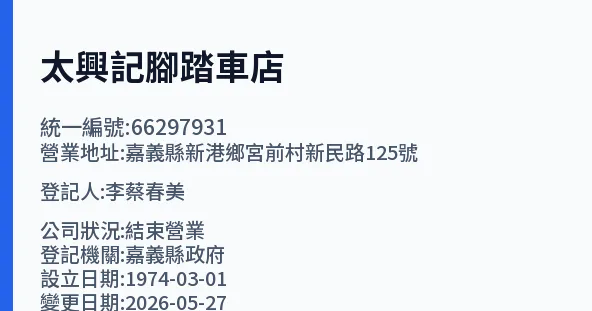 太興記腳踏車店的照片-統編 66297931(嘉義縣) 公司登記資料與營業項目詳細圖表