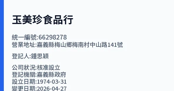 玉美珍食品行的照片-統編 66298278(嘉義縣) 公司登記資料與營業項目詳細圖表