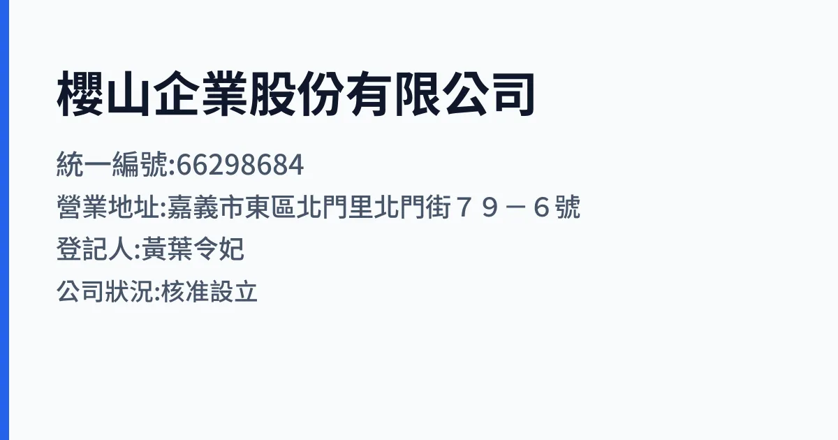櫻山企業股份有限公司 - 統編 66298684(嘉義市) 公司登記資料與營業項目詳細圖表
