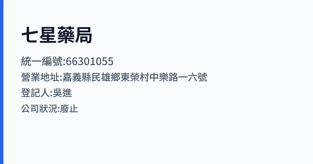 七星藥局 - 統編 66301055(嘉義縣) 公司登記資料與營業項目詳細圖表