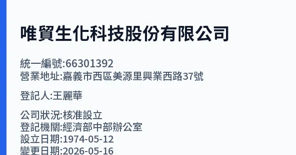 唯貿生化科技股份有限公司的照片-統編 66301392(嘉義市) 公司登記資料與營業項目詳細圖表