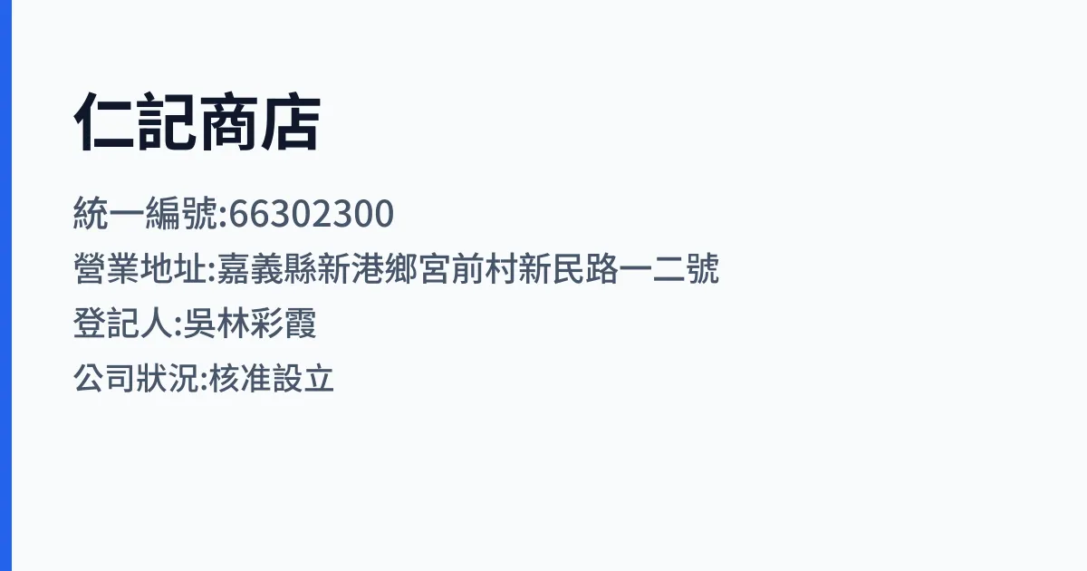 仁記商店 - 統編 66302300(嘉義縣) 公司登記資料與營業項目詳細圖表