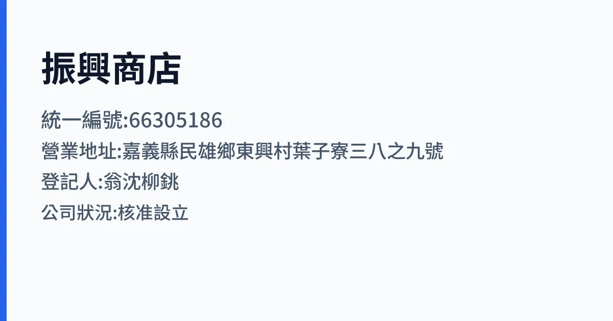 振興商店 - 統編 66305186(嘉義縣) 公司登記資料與營業項目詳細圖表