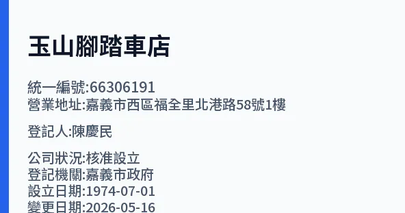玉山腳踏車店的照片-統編 66306191(嘉義市) 公司登記資料與營業項目詳細圖表