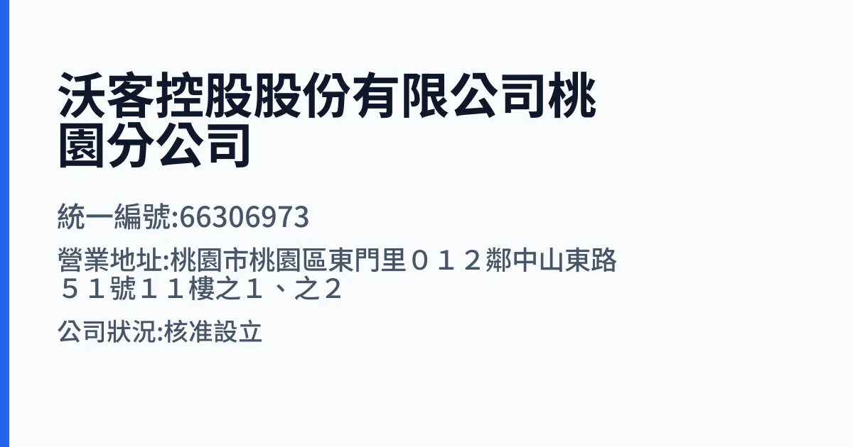 沃客控股股份有限公司桃園分公司 - 統編 66306973(桃園市) 公司登記資料與營業項目詳細圖表