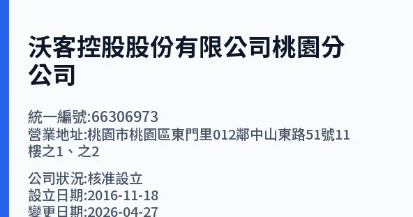 沃客控股股份有限公司桃園分公司的照片-統編 66306973(桃園市) 公司登記資料與營業項目詳細圖表