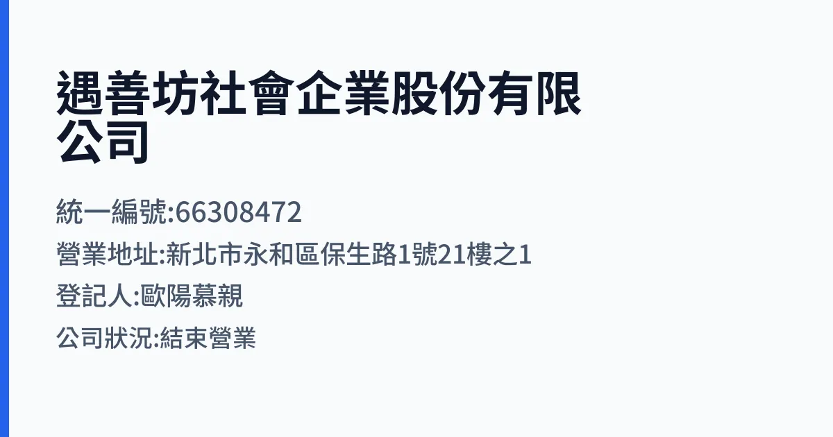 遇善坊社會企業股份有限公司 - 統編 66308472(新北市) 公司登記資料與營業項目詳細圖表
