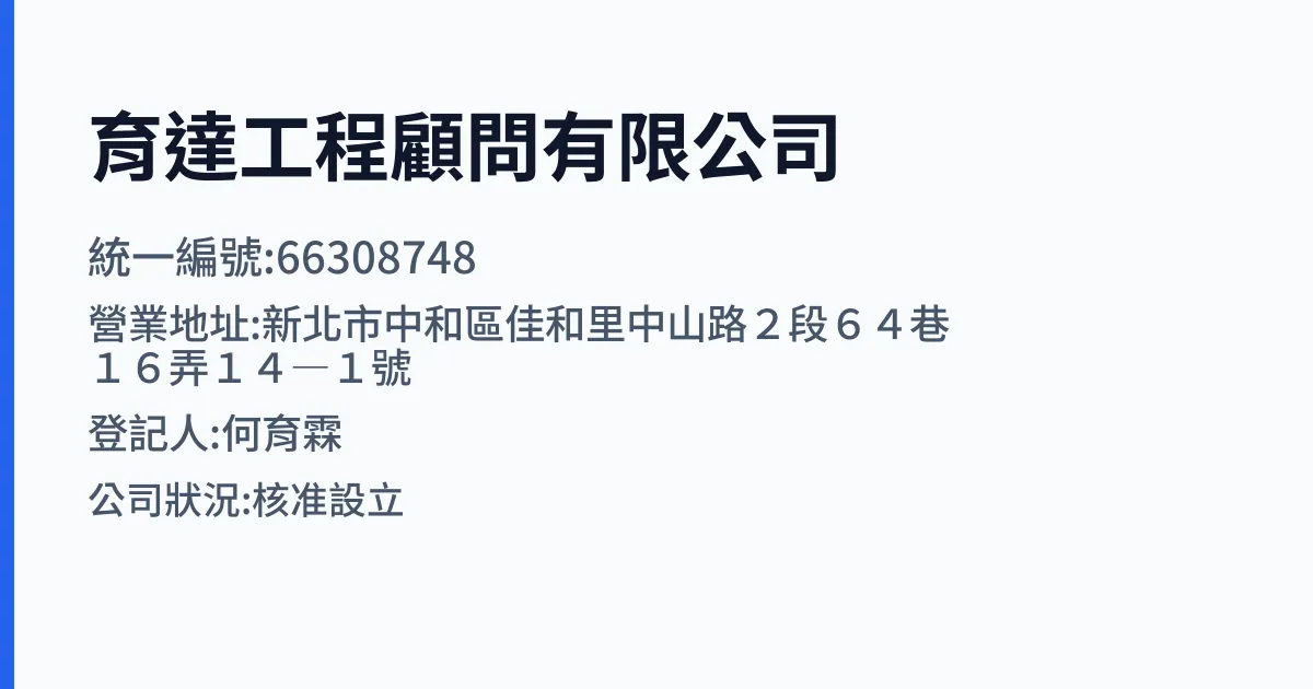 育達工程顧問有限公司 - 統編 66308748(新北市) 公司登記資料與營業項目詳細圖表