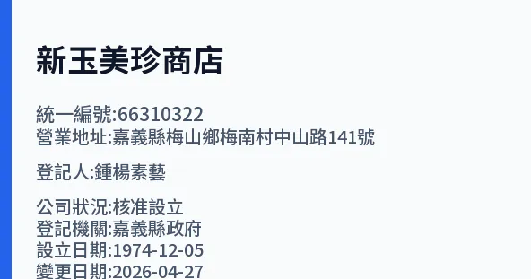 新玉美珍商店的照片-統編 66310322(嘉義縣) 公司登記資料與營業項目詳細圖表