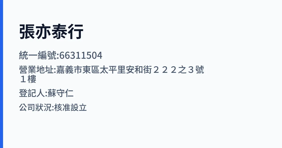 張亦泰行 - 統編 66311504(嘉義市) 公司登記資料與營業項目詳細圖表