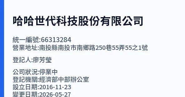 哈哈世代科技股份有限公司的照片-統編 66313284(南投縣) 公司登記資料與營業項目詳細圖表