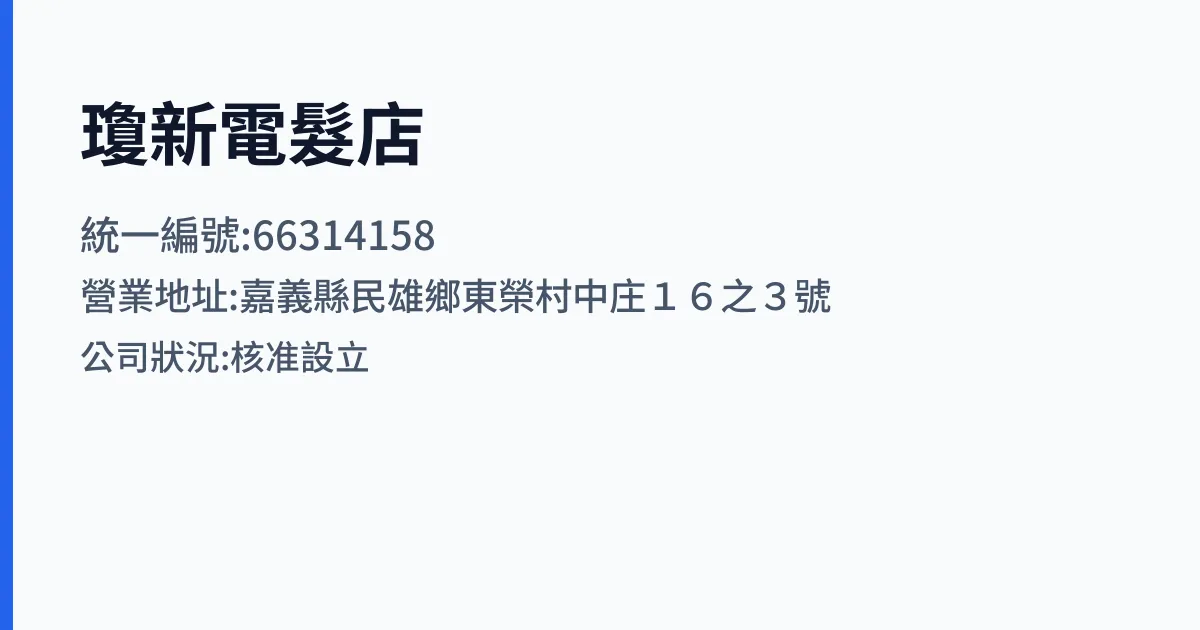 瓊新電髮店 - 統編 66314158(嘉義縣) 公司登記資料與營業項目詳細圖表
