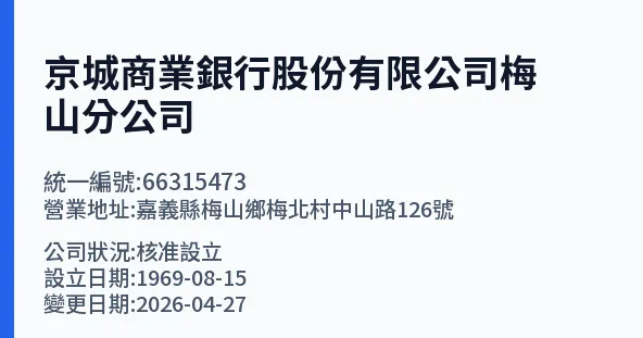 京城商業銀行股份有限公司梅山分公司的照片-統編 66315473(嘉義縣) 公司登記資料與營業項目詳細圖表