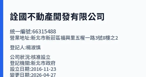 詮國不動產開發有限公司的照片-統編 66315488(新北市) 公司登記資料與營業項目詳細圖表