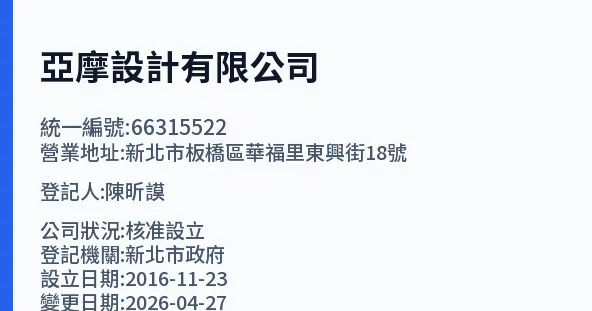 亞摩設計有限公司的照片-統編 66315522(新北市) 公司登記資料與營業項目詳細圖表