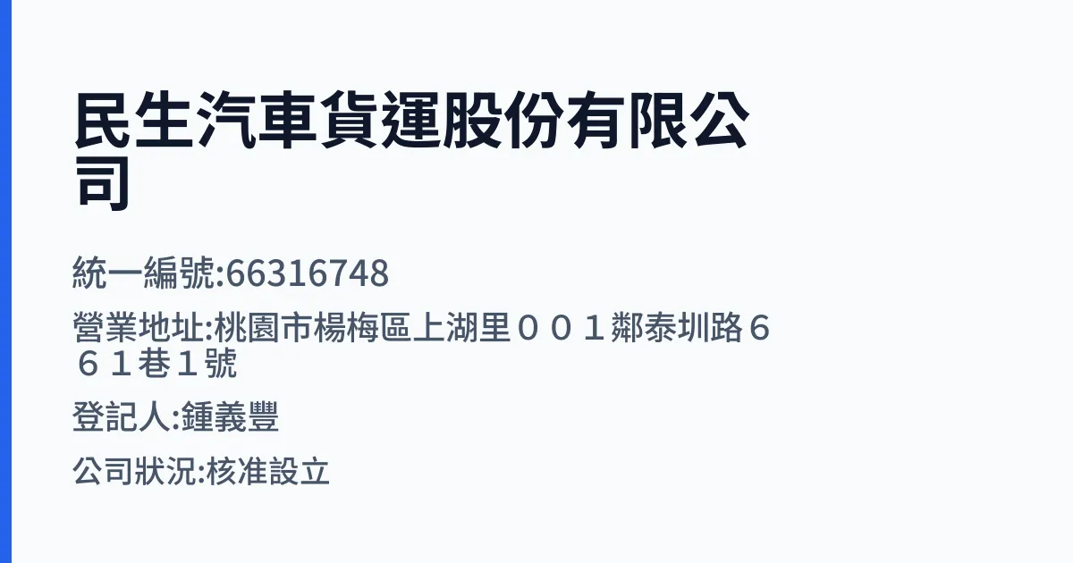 民生汽車貨運股份有限公司 - 統編 66316748(桃園市) 公司登記資料與營業項目詳細圖表
