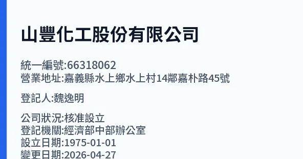 山豐化工股份有限公司的照片-統編 66318062(嘉義縣) 公司登記資料與營業項目詳細圖表