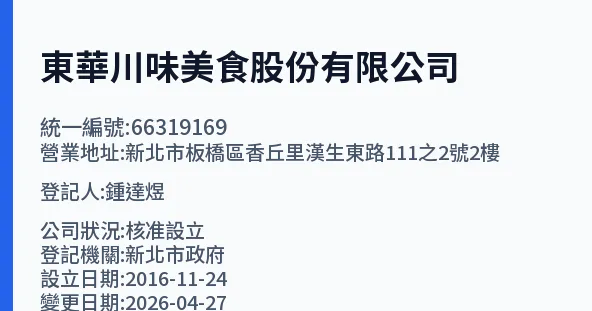 東華川味美食股份有限公司的照片-統編 66319169(新北市) 公司登記資料與營業項目詳細圖表