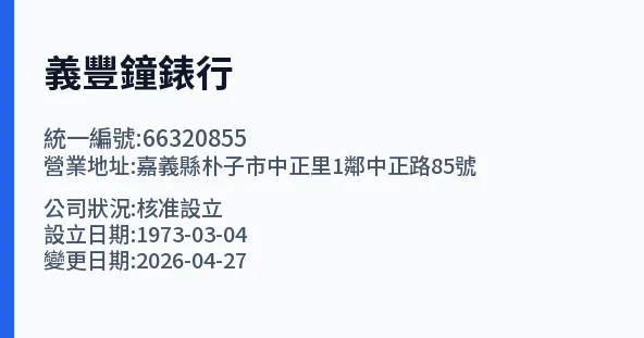 義豐鐘錶行的照片-統編 66320855(嘉義縣) 公司登記資料與營業項目詳細圖表