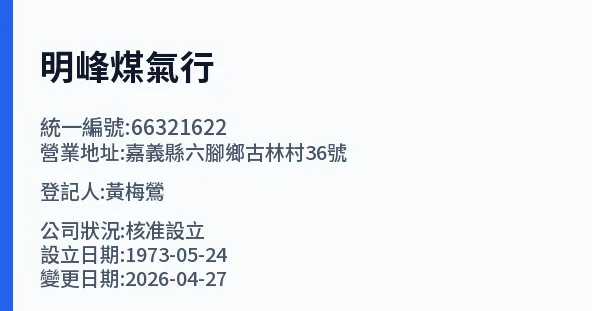 明峰煤氣行的照片-統編 66321622(嘉義縣) 公司登記資料與營業項目詳細圖表