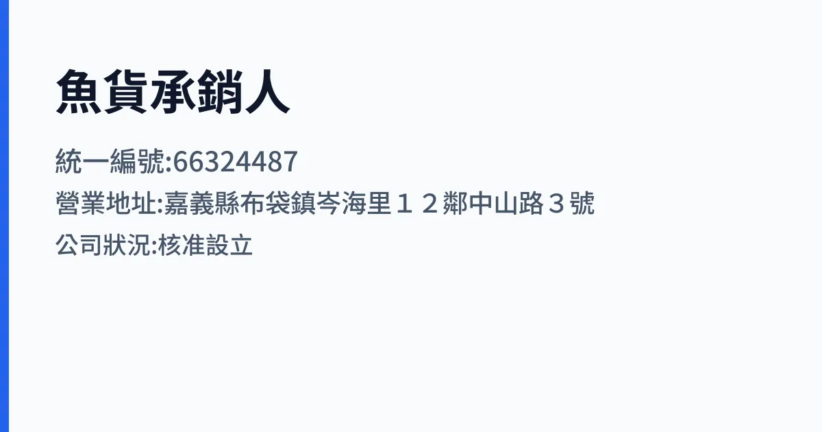 魚貨承銷人 - 統編 66324487(嘉義縣) 公司登記資料與營業項目詳細圖表
