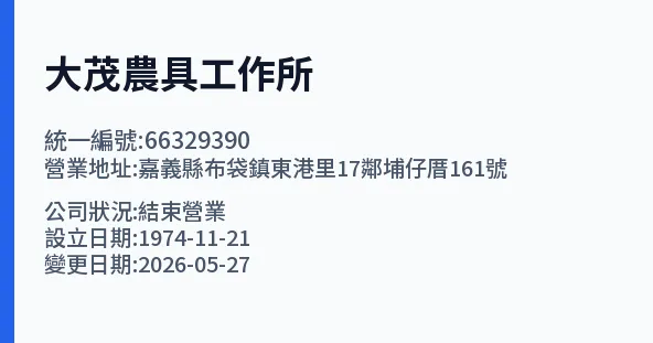 大茂農具工作所的照片-統編 66329390(嘉義縣) 公司登記資料與營業項目詳細圖表