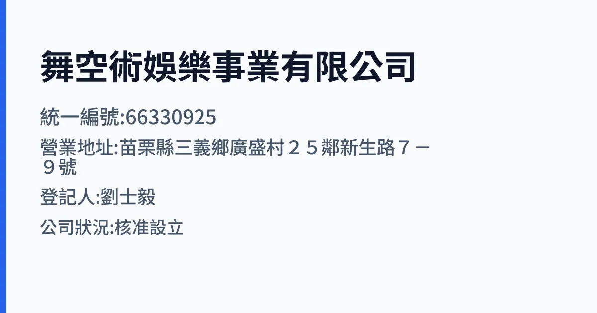 舞空術娛樂事業有限公司 - 統編 66330925(苗栗縣) 公司登記資料與營業項目詳細圖表
