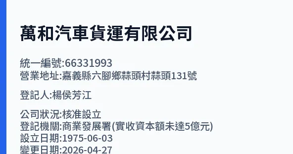 萬和汽車貨運有限公司的照片-統編 66331993(嘉義縣) 公司登記資料與營業項目詳細圖表