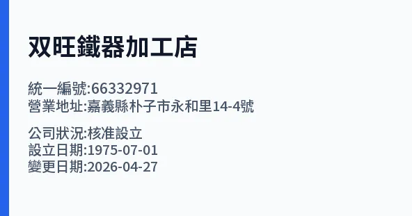 双旺鐵器加工店的照片-統編 66332971(嘉義縣) 公司登記資料與營業項目詳細圖表