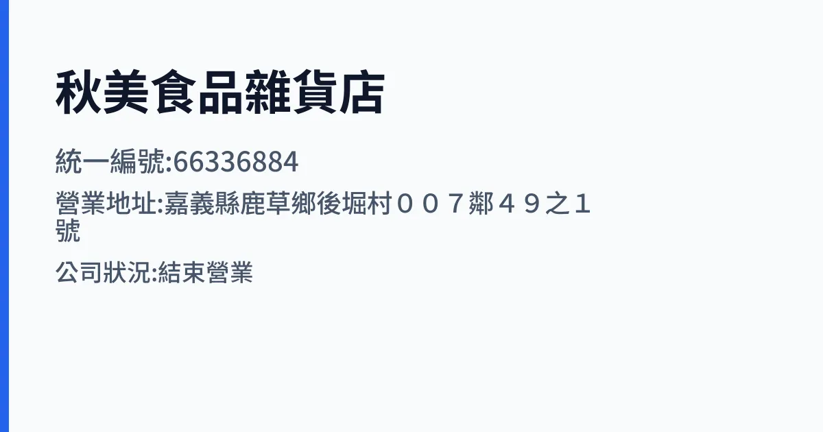 秋美食品雜貨店 - 統編 66336884(嘉義縣) 公司登記資料與營業項目詳細圖表
