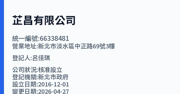 芷昌有限公司的照片-統編 66338481(新北市) 公司登記資料與營業項目詳細圖表