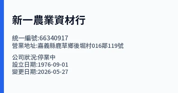 新一農業資材行的照片-統編 66340917(嘉義縣) 公司登記資料與營業項目詳細圖表