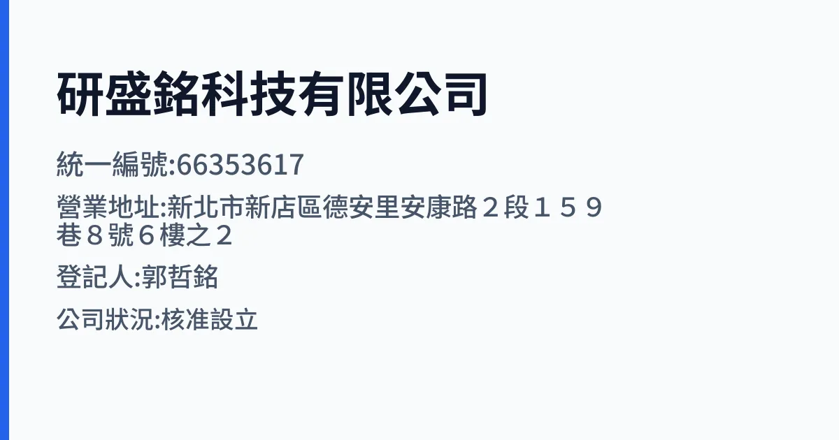 研盛銘科技有限公司 - 統編 66353617(新北市) 公司登記資料與營業項目詳細圖表