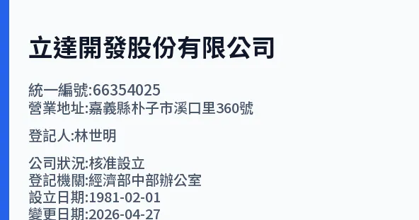 立達開發股份有限公司的照片-統編 66354025(嘉義縣) 公司登記資料與營業項目詳細圖表
